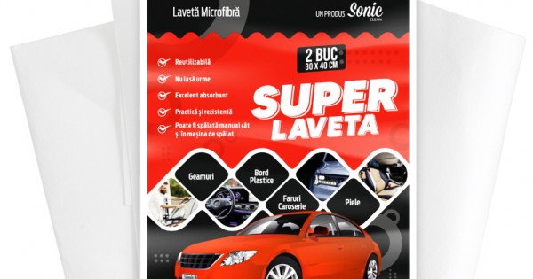Laveta din microfibra, Sonic Super Laveta Auto, 30 x 40 cm, 2 buc/ set